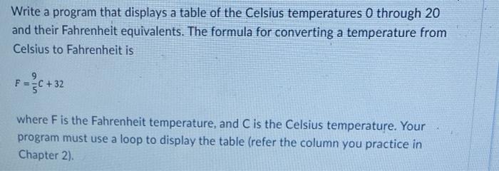 Solved Write a program that displays a table of the Celsius | Chegg.com