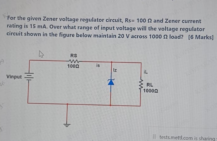 Solved For the given Zener voltage regulator circuit, Rs | Chegg.com