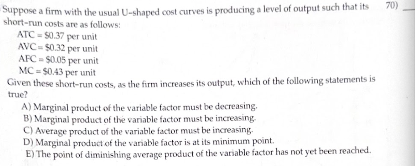 Solved Suppose a firm with the usual U-shaped cost curves is | Chegg.com