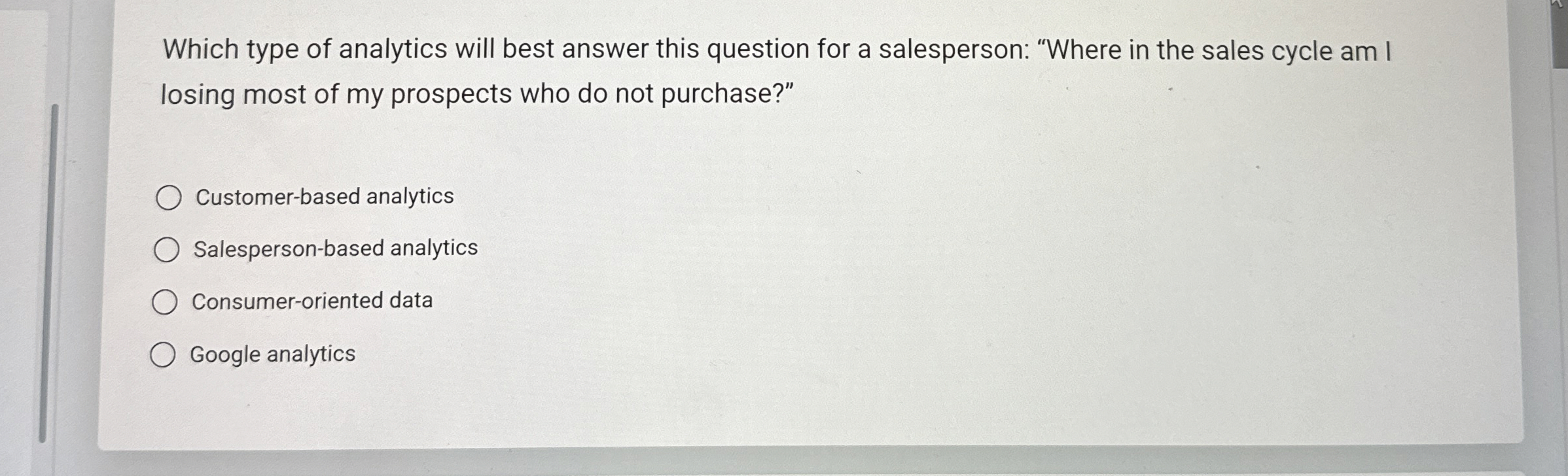 Solved Which type of analytics will best answer this | Chegg.com