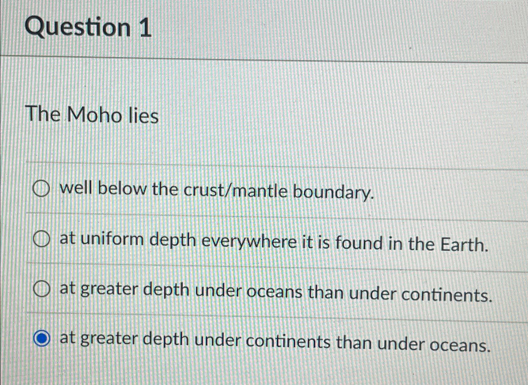 Solved Question 1The Moho lieswell below the crust/mantle | Chegg.com