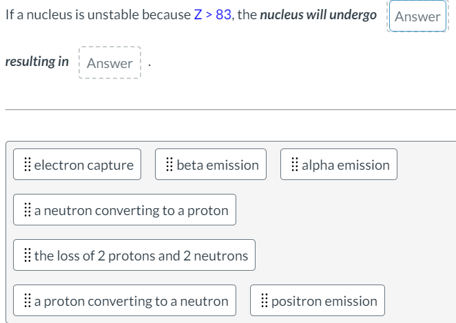 Solved If a nucleus is unstable because Z>83, ﻿the nucleus | Chegg.com