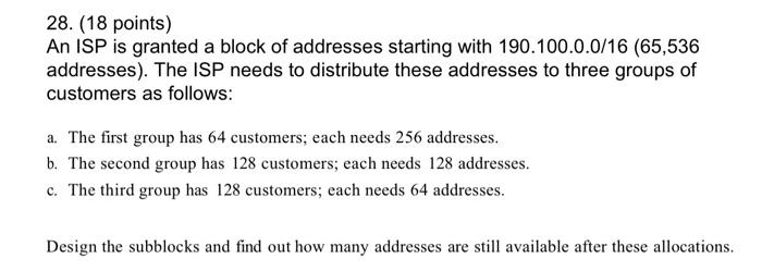 Solved 28. (18 points) An ISP is granted a block of | Chegg.com