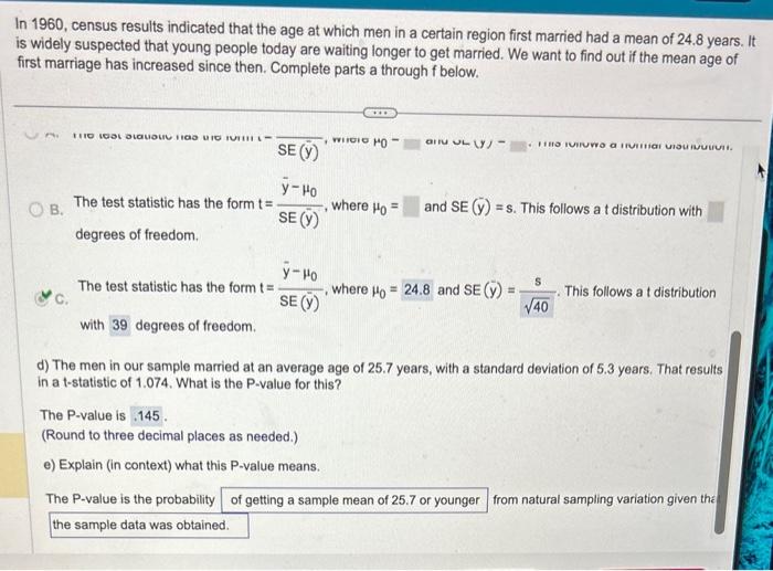 Solved In 1960 , census results indicated that the age at | Chegg.com