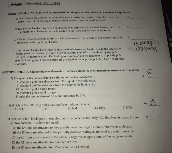 Solved Solutions, Intermolecular Forces CHORT ANSWER. Write | Chegg.com