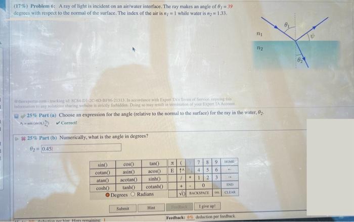 Solved (17\%) Problem 6: A ray of light is incident on an | Chegg.com Solved (17\%) Problem 6: A ray of light is incident on an | Chegg.com