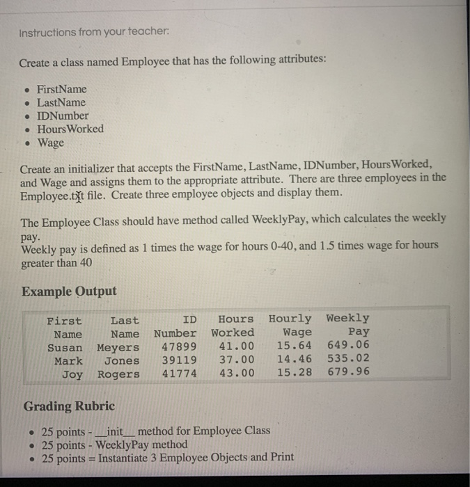 Solved Instructions from your teacher. Employee Class Create | Chegg.com