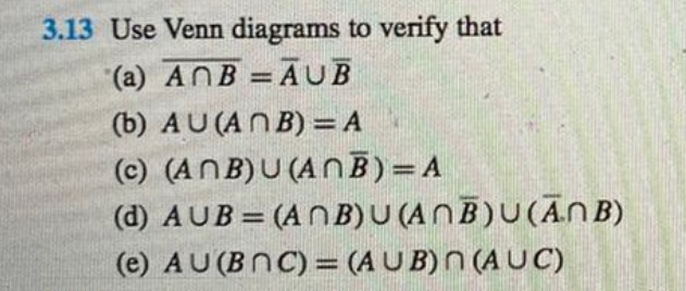 Solved 3.13 Use Venn diagrams to verify that (a) AnB = AUB | Chegg.com