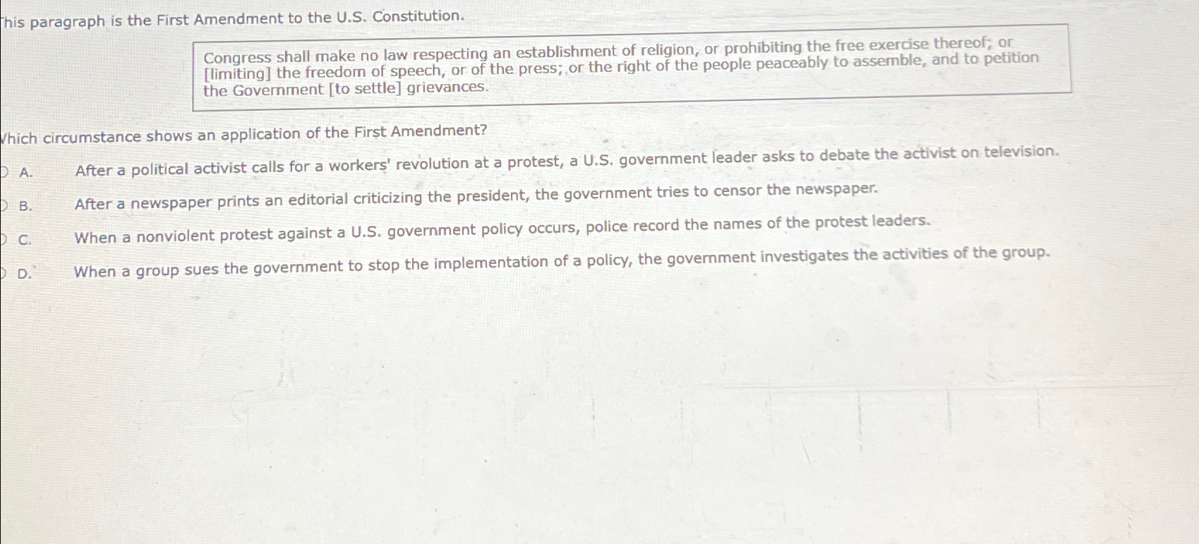 Solved This paragraph is the First Amendment to the U.S. | Chegg.com