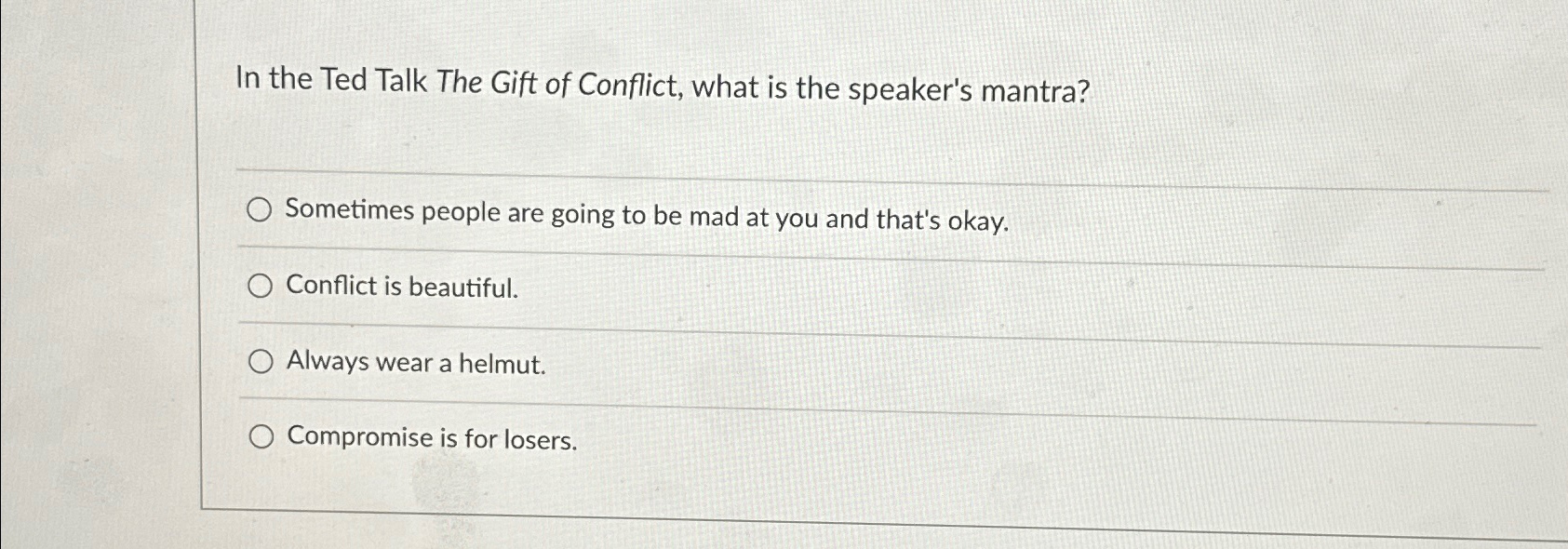 Solved In the Ted Talk The Gift of Conflict, what is the | Chegg.com