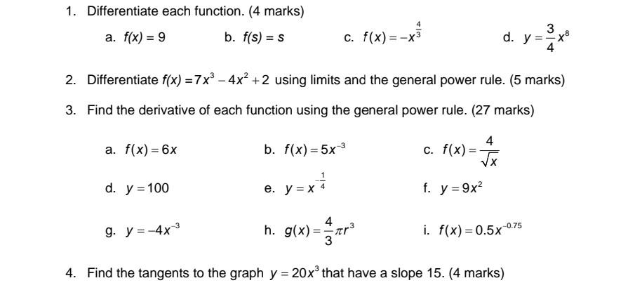 Solved 1. Differentiate each function. (4 marks) a. f(x)=9 | Chegg.com