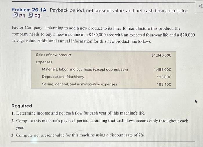 Solved Problem 26-1A Payback period, net present value, and | Chegg.com