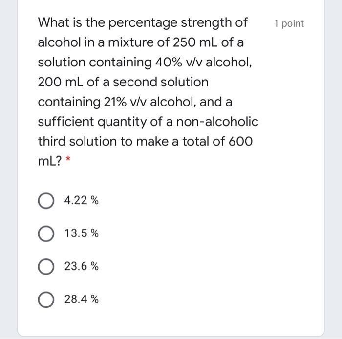 Solved 1 point What is the percentage strength of alcohol in | Chegg.com