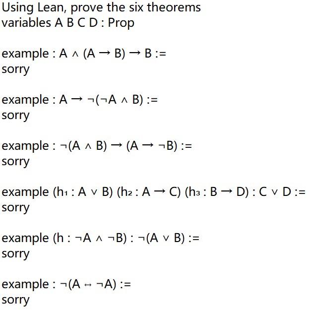 Solved Using Lean, prove the six theorems variables ABCD: | Chegg.com