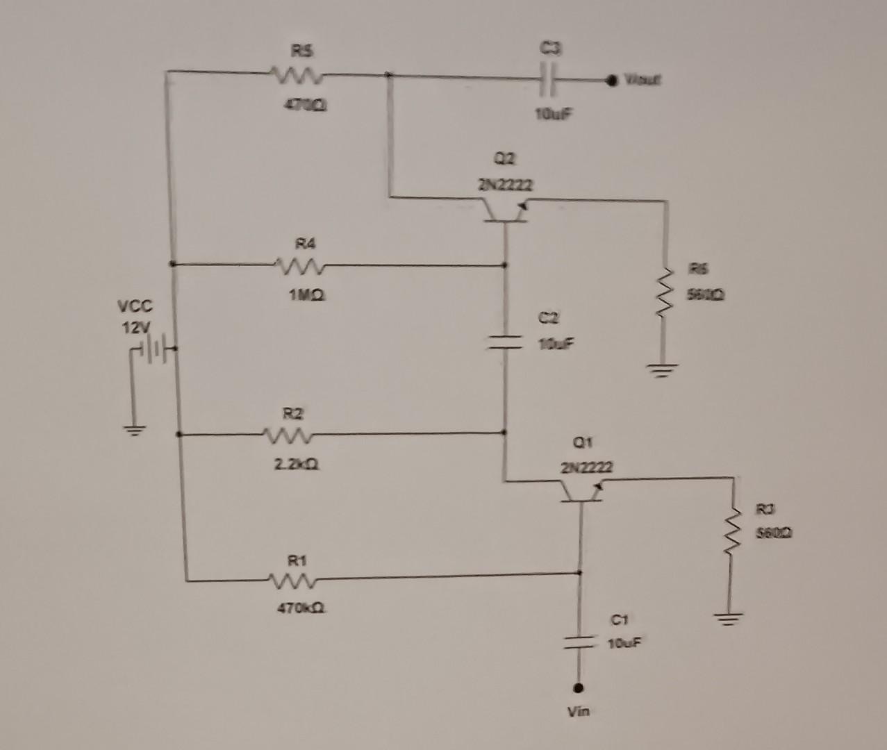 Solved Vin:200mVpp frequency:1KHz VCC:12V Q1:2n2222 | Chegg.com