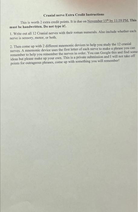 Solved Cranial nerve Extra Credit Instructions This is worth | Chegg.com