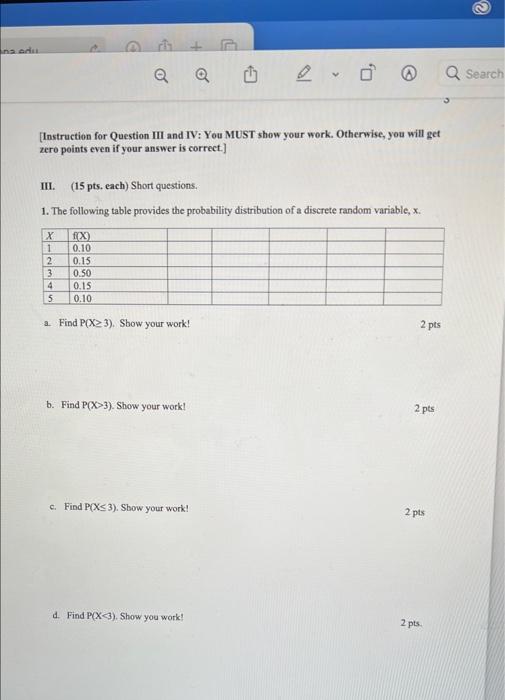 Solved [Instruction for Question III and IV: You MUST show | Chegg.com