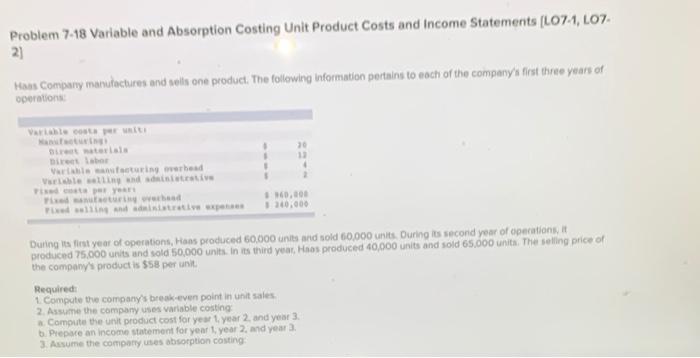 Solved Problem 7-18 Variable and Absorption Costing Unit | Chegg.com