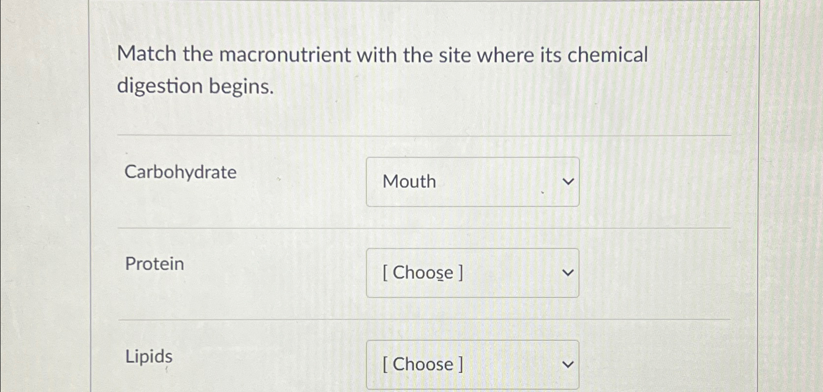 Solved Match the macronutrient with the site where its | Chegg.com