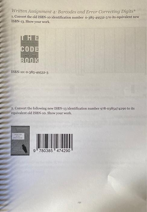 Solved Written Assignment 4: Barcodes and Error Correcting | Chegg.com