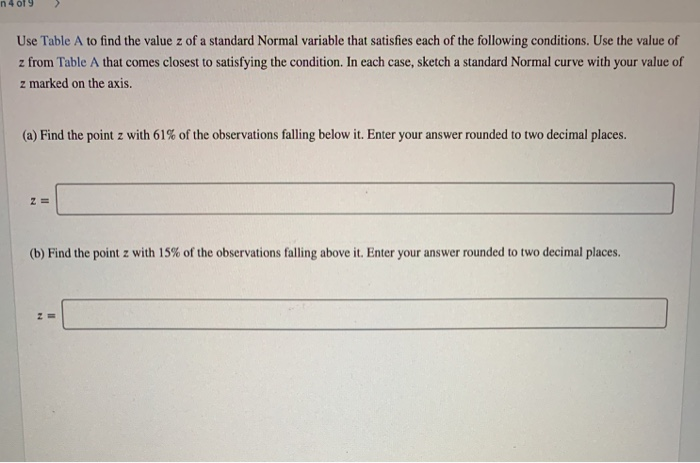 Solved Use Table A to find the value z of a standard Normal | Chegg.com