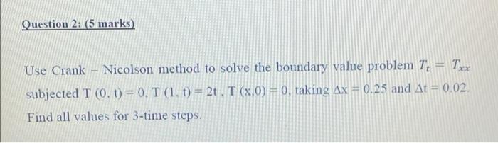 Solved Question 2: (5 marks) Use Crank Nicolson method to | Chegg.com