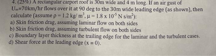 Solved 4. (25%) A rectangular carport roof is 30 m wide and | Chegg.com