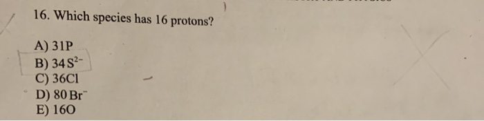 Solved 16. Which species has 16 protons? A) 31P B) 34S2- C) | Chegg.com