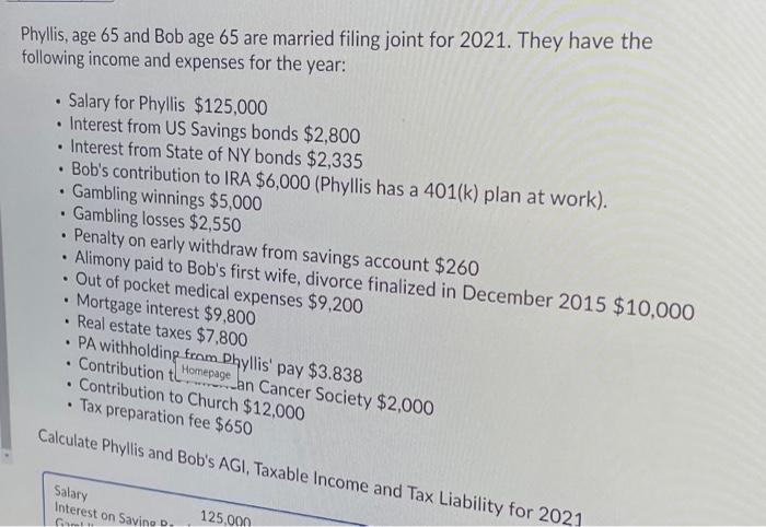 Solved Phyllis, age 65 and Bob age 65 are married filing | Chegg.com