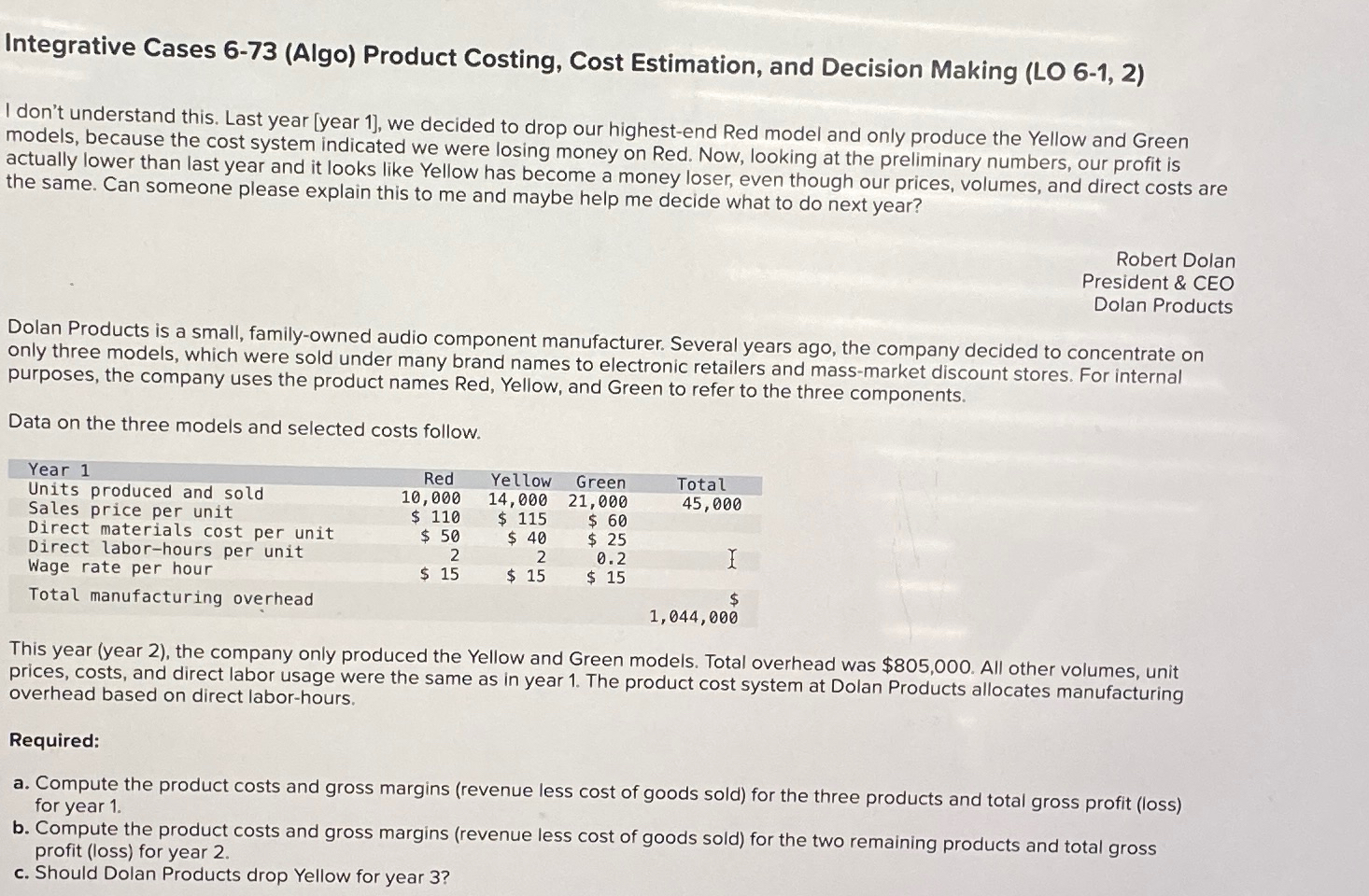 Solved Integrative Cases 6-73 (Algo) ﻿Product Costing, Cost | Chegg.com