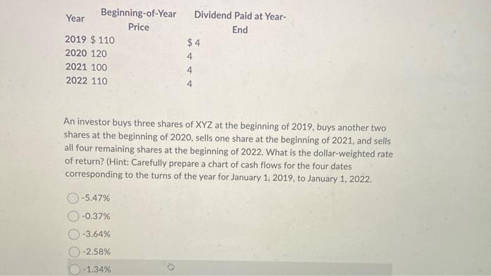 Solved An investor buys three shares of XYZ at the beginning | Chegg.com