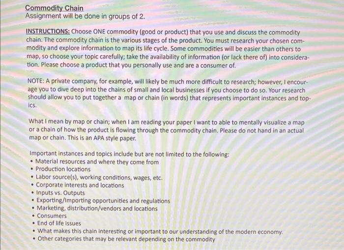 Solved Commodity Chain Assignment will be done in groups of | Chegg.com