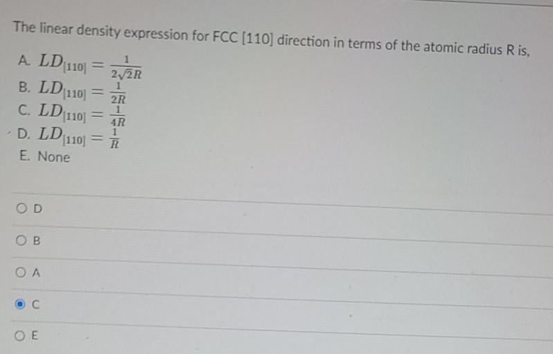 Solved The linear density expression for FCC (110) direction | Chegg.com