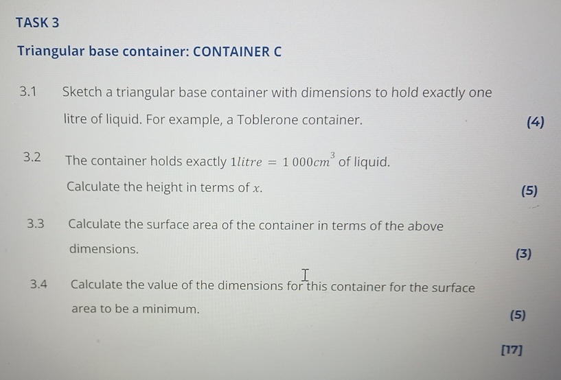 Solved TASK 3Triangular base container: CONTAINER C3.1 | Chegg.com