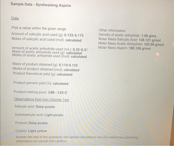 Solved Sample Data - Synthesizing Aspirin Data Pick a value | Chegg.com