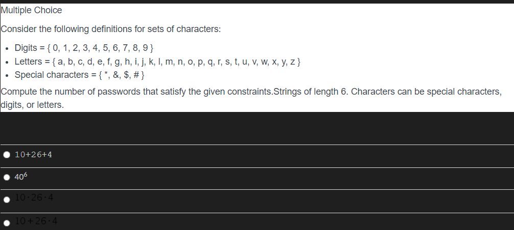 Solved digits, or letters.10+26+440610*26*4 | Chegg.com