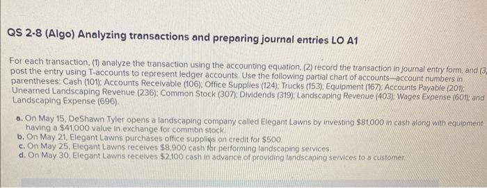 Solved QS 2-8 (Algo) Analyzing transactions and preparing | Chegg.com
