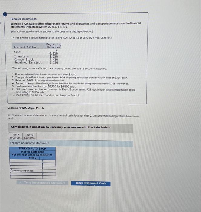Solved Required information Exercise 4-12A (Algo) Effect of | Chegg.com