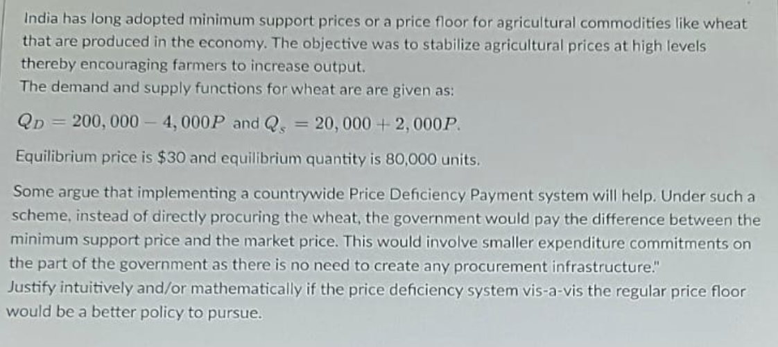 Solved India has long adopted minimum support prices or a | Chegg.com