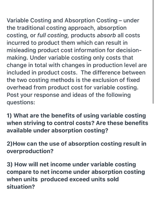 Solved Variable Costing and Absorption Costing - under the | Chegg.com