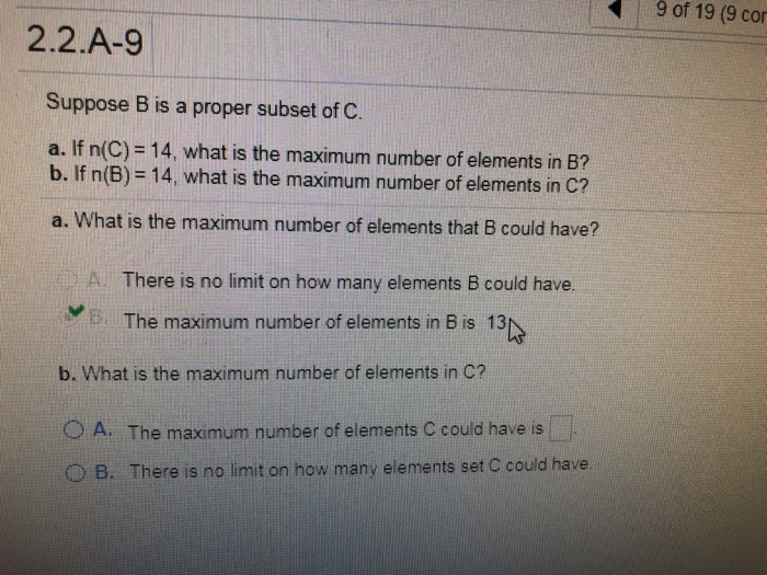 Solved 9 of 19 (9 cor 2.2.A-9 Suppose B is a proper subset | Chegg.com