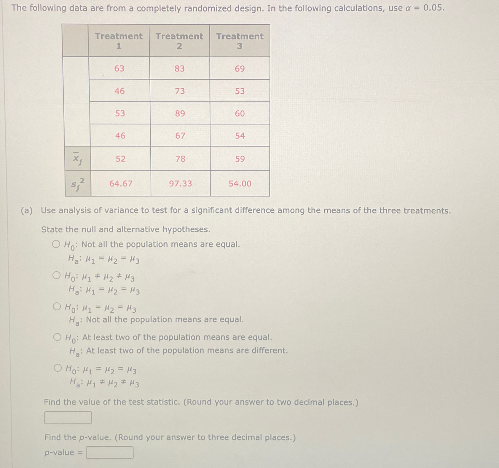 The following data are from a completely randomized | Chegg.com
