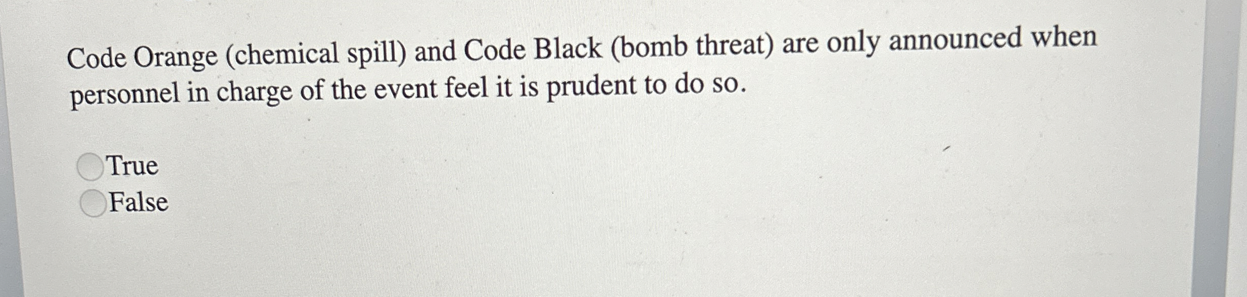 Solved Code Orange (chemical spill) ﻿and Code Black (bomb | Chegg.com
