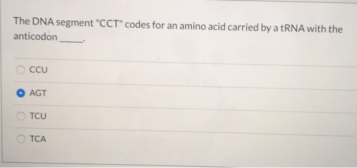 Solved The DNA segment "CCT" codes for an amino acid carried | Chegg.com