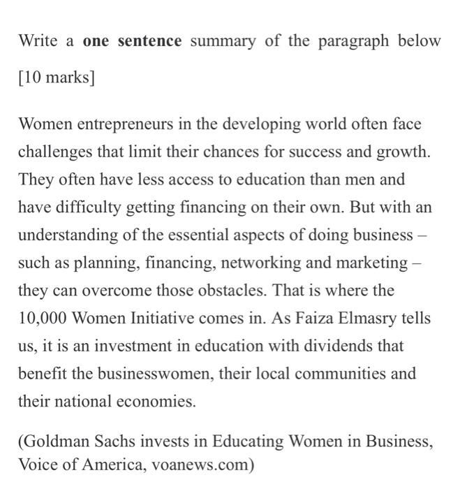 Solved Write a one sentence summary of the paragraph below | Chegg.com