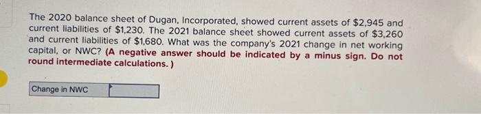 Solved The 2020 balance sheet of Dugan, Incorporated, showed | Chegg.com