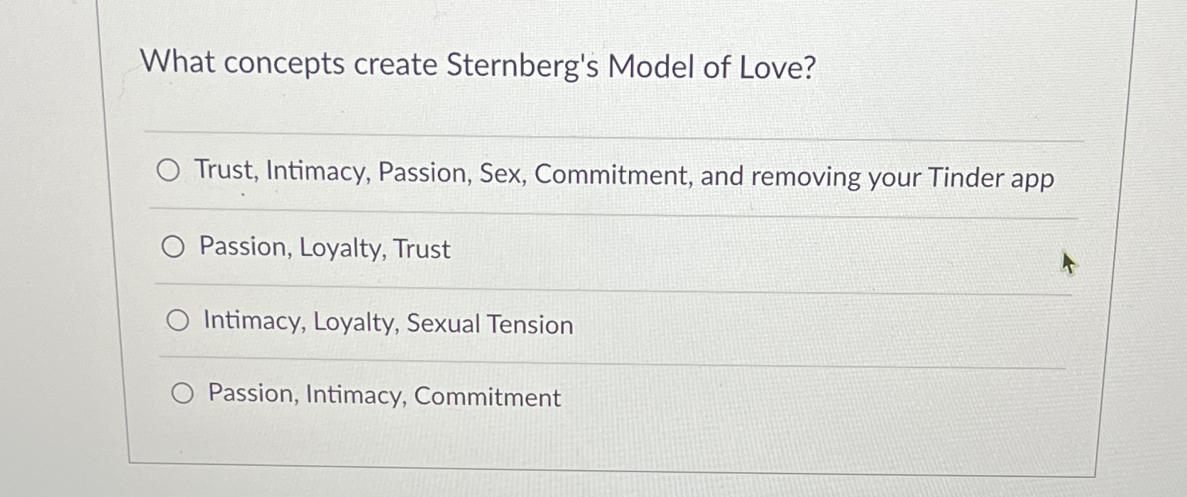 Solved What concepts create Sternberg's Model of Love?Trust, | Chegg.com