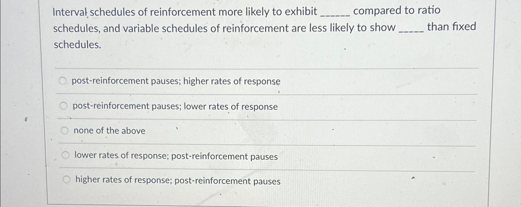 Solved Interval schedules of reinforcement more likely to | Chegg.com