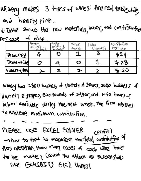 Solved winery makes 3 types of wines: fine red table ahite, | Chegg.com