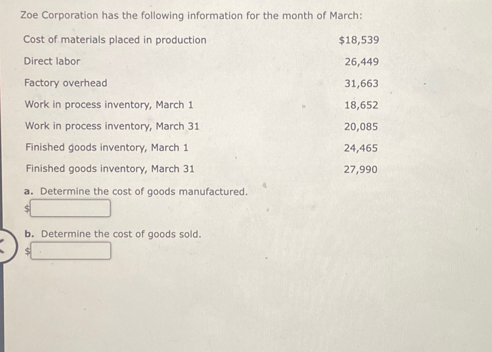 Solved Zoe Corporation has the following information for the | Chegg.com